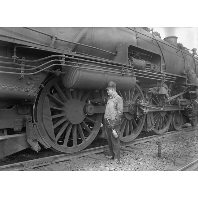 Mechanic Servicing A Railway Steam Engine In 1924. Massive Locomotives ...