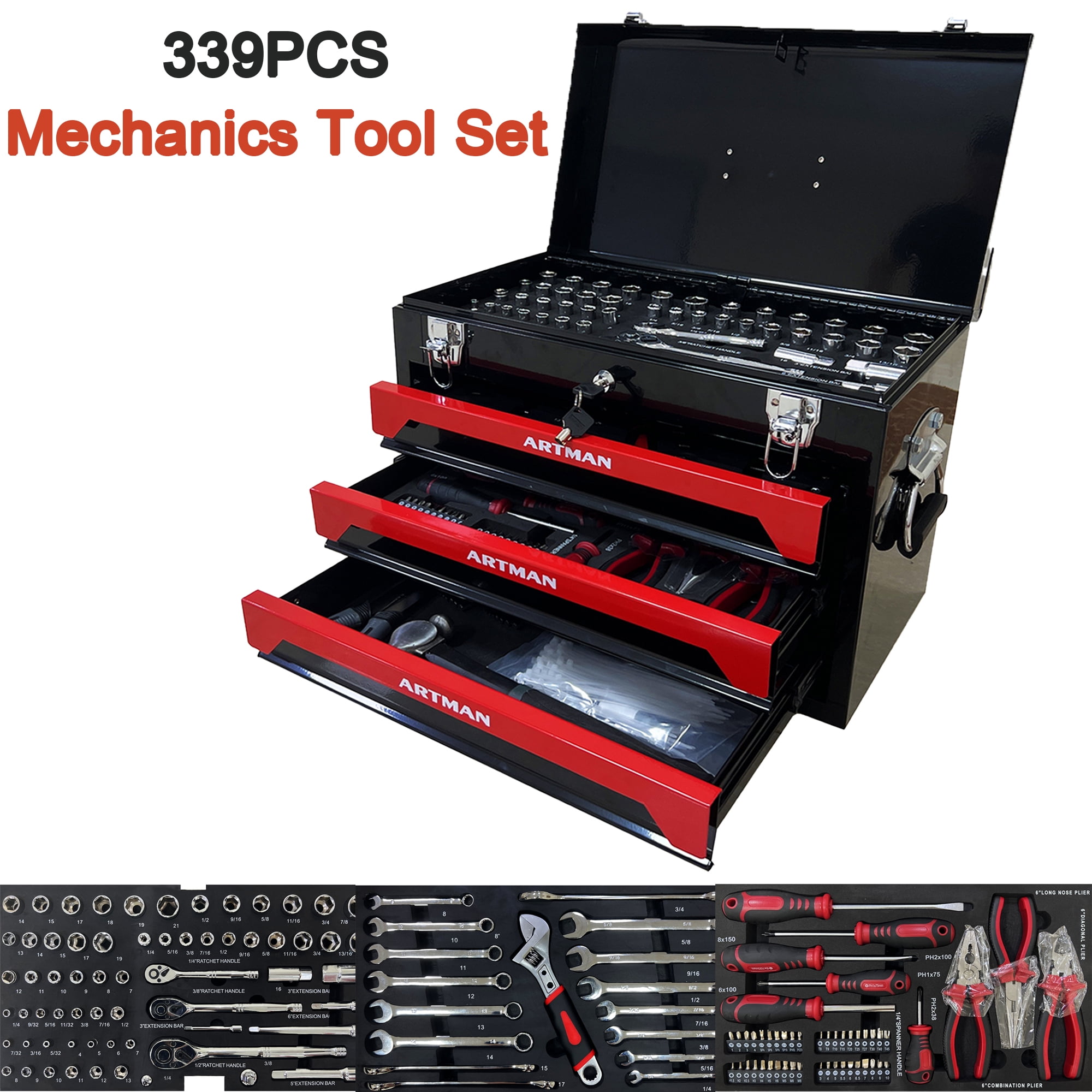 Mechanic Tool Set with Box - Heavy Duty Tool Box Set with 3 Drawers, Professional Tool Kit Case ...
