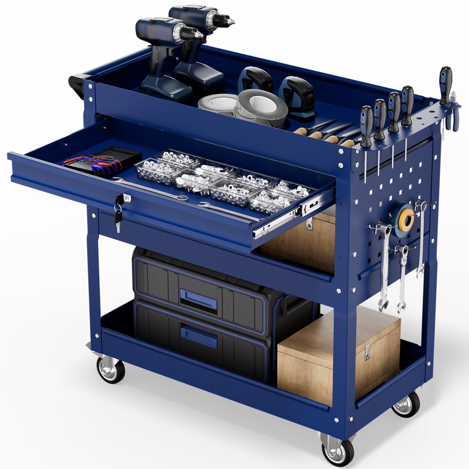 Mechanic Tool Storage Cart 3 Tier, Heavy Duty Metal Rolling Cart with ...