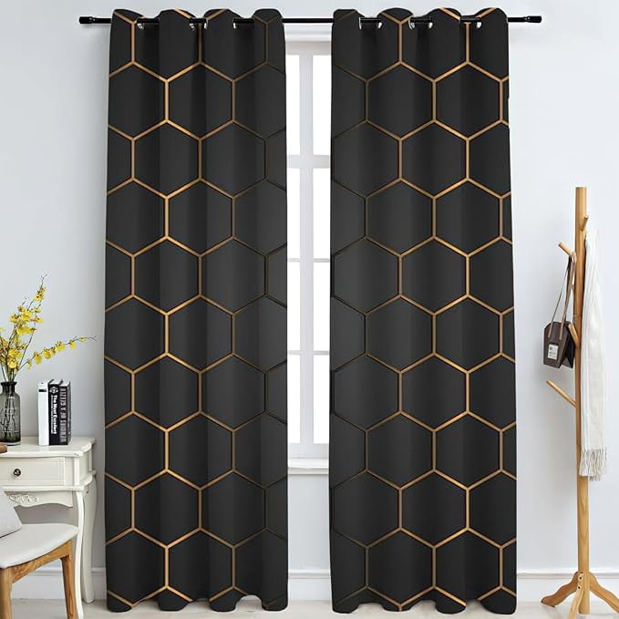 Mechanical Black Gold Honeycomb Print Curtain, Luxury Hexagonal ...