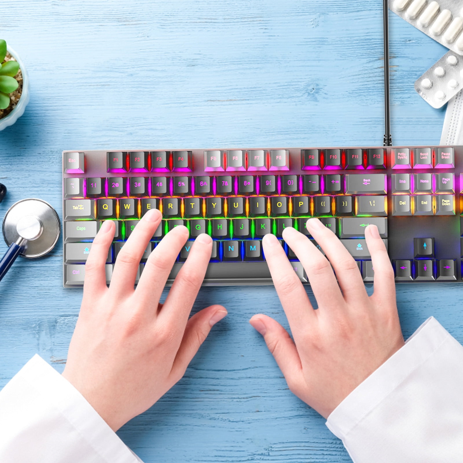 Mechanical Gaming Keyboard, LED Rainbow Backlit Wired Keyboard ...