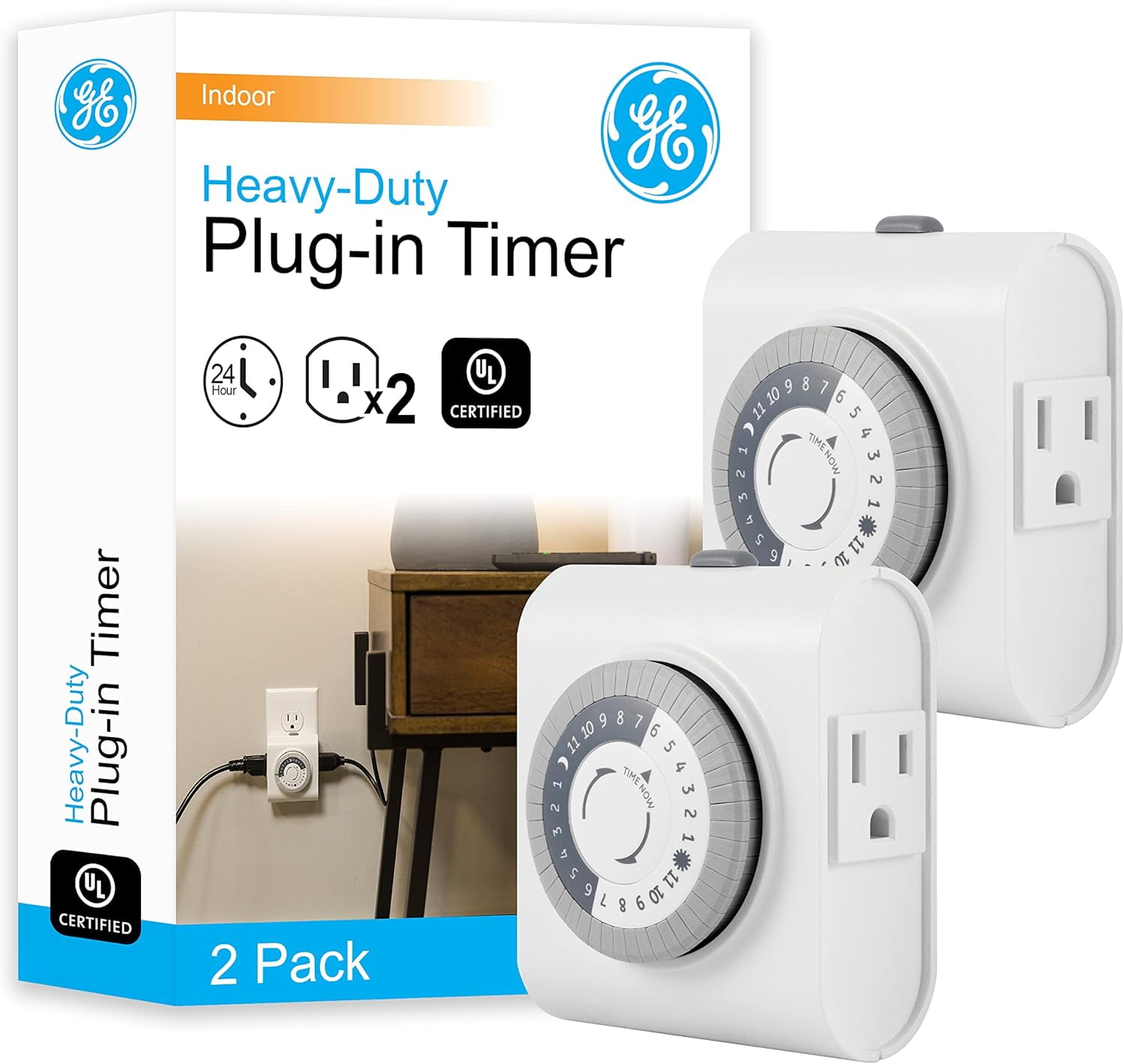 Mechanical Grounded Outlet Timer, Dual Plugs with 3 Prongs, 24 Hour ...