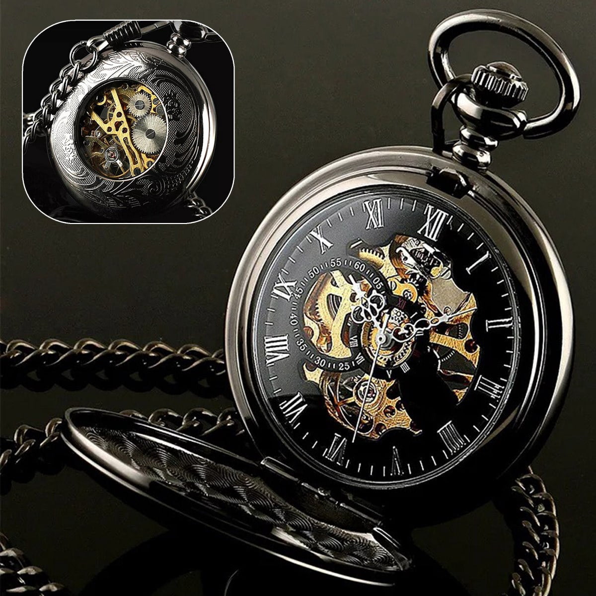 Mechanical Pocket Watch for Men Black Steampunk Skeleton Retro Chain ...