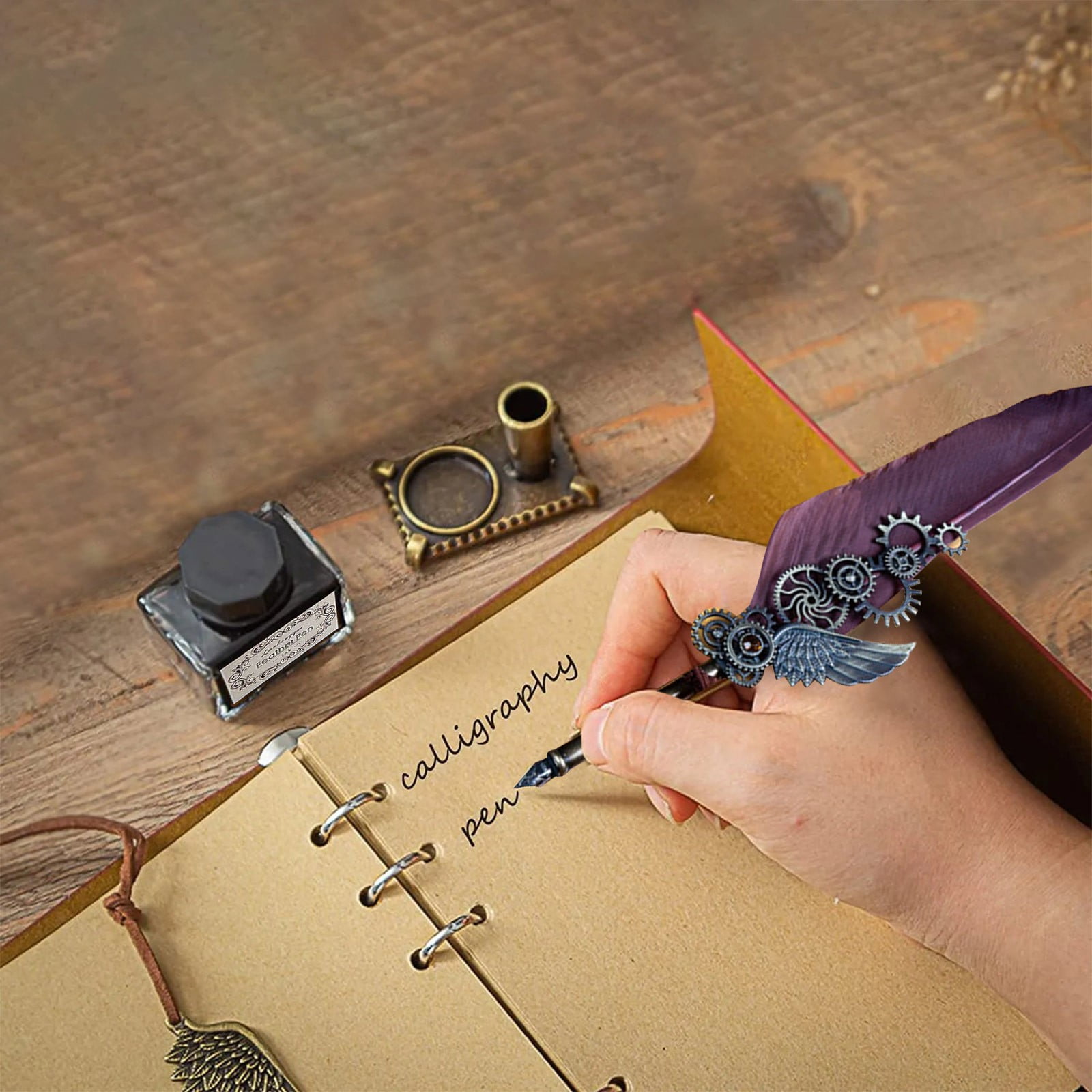 Mechanical Wing Feather Quill Pen Set with Engraved Brass Base Ink ...