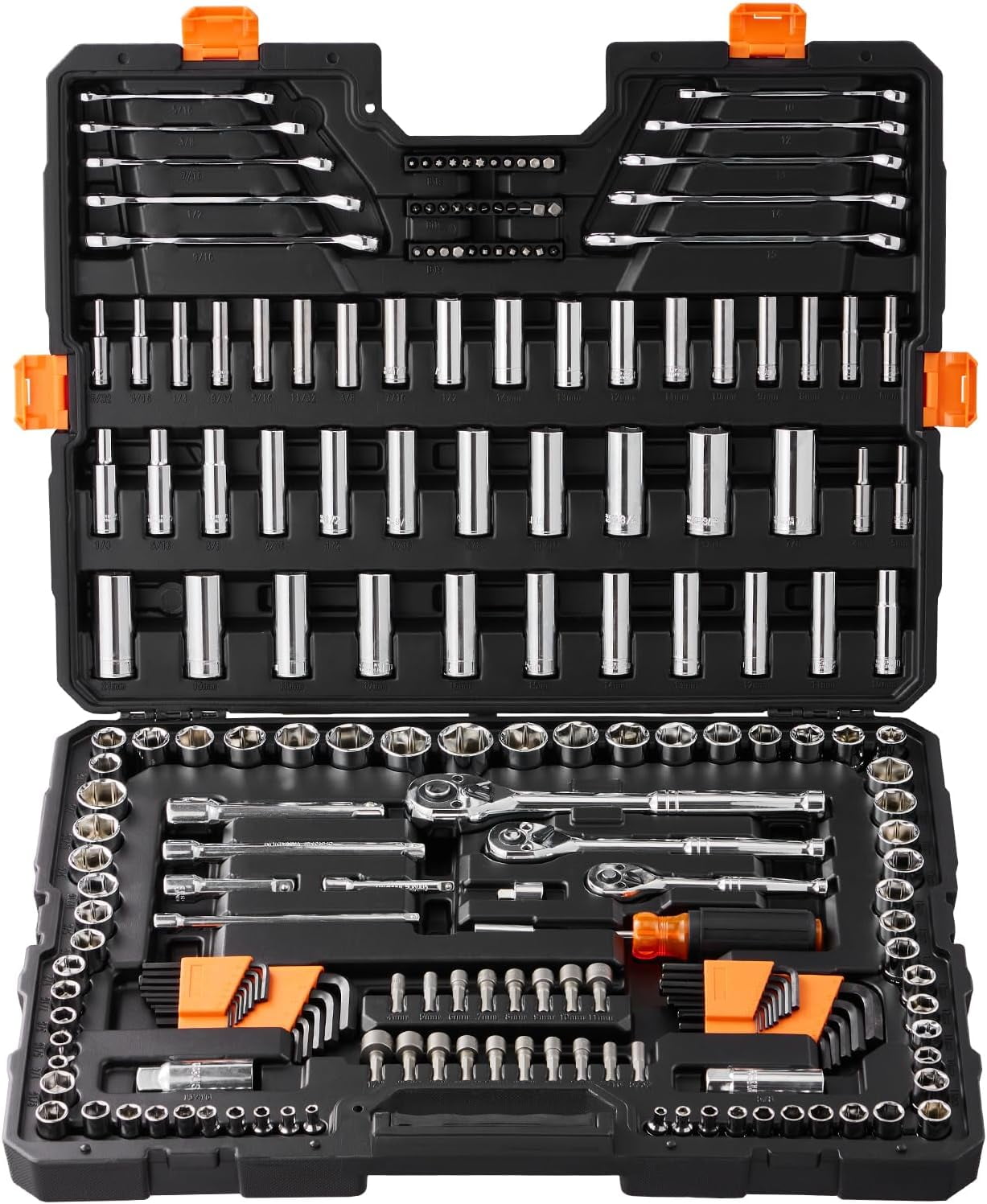 Mechanics Tool Set, 205 Pcs SAE and Metric Sockets, 1/4" 3/8" 1/2" Drive Deep and Standard ...