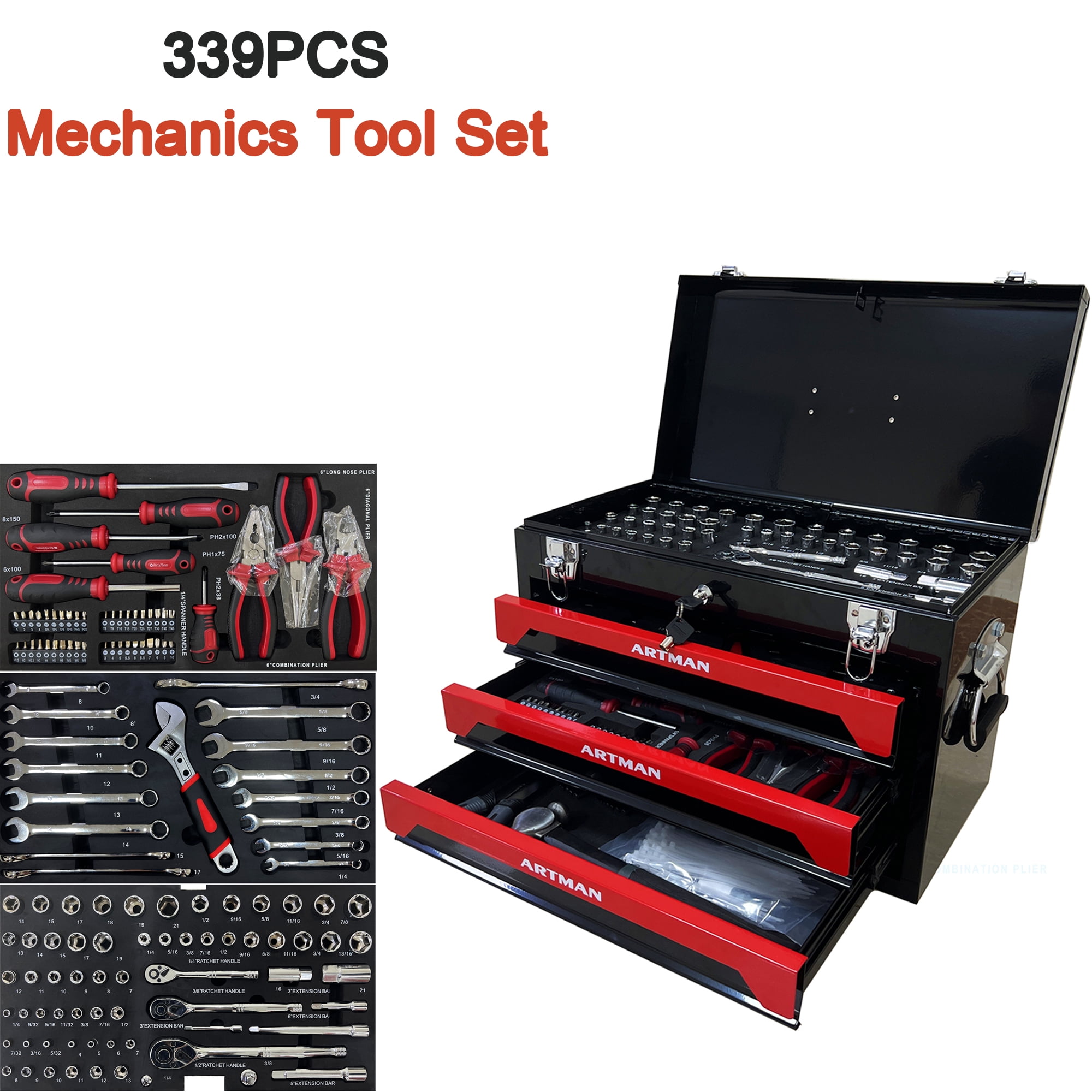 Mechanics Tool Set with 3-Drawer, Lockable Professional Tool Set with ...