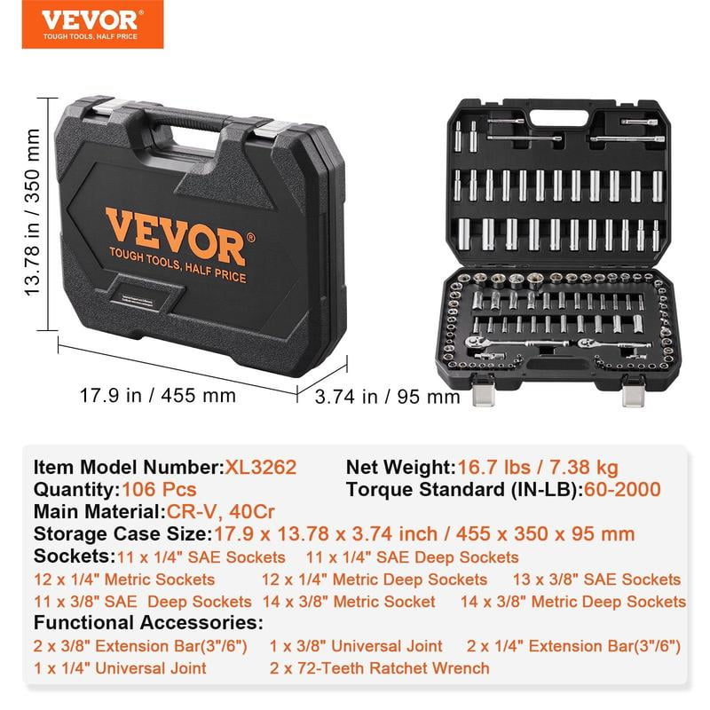 Mechanics Tool Set and Socket Set, 1/4" 3/8" 1/2" Drive Deep and ...