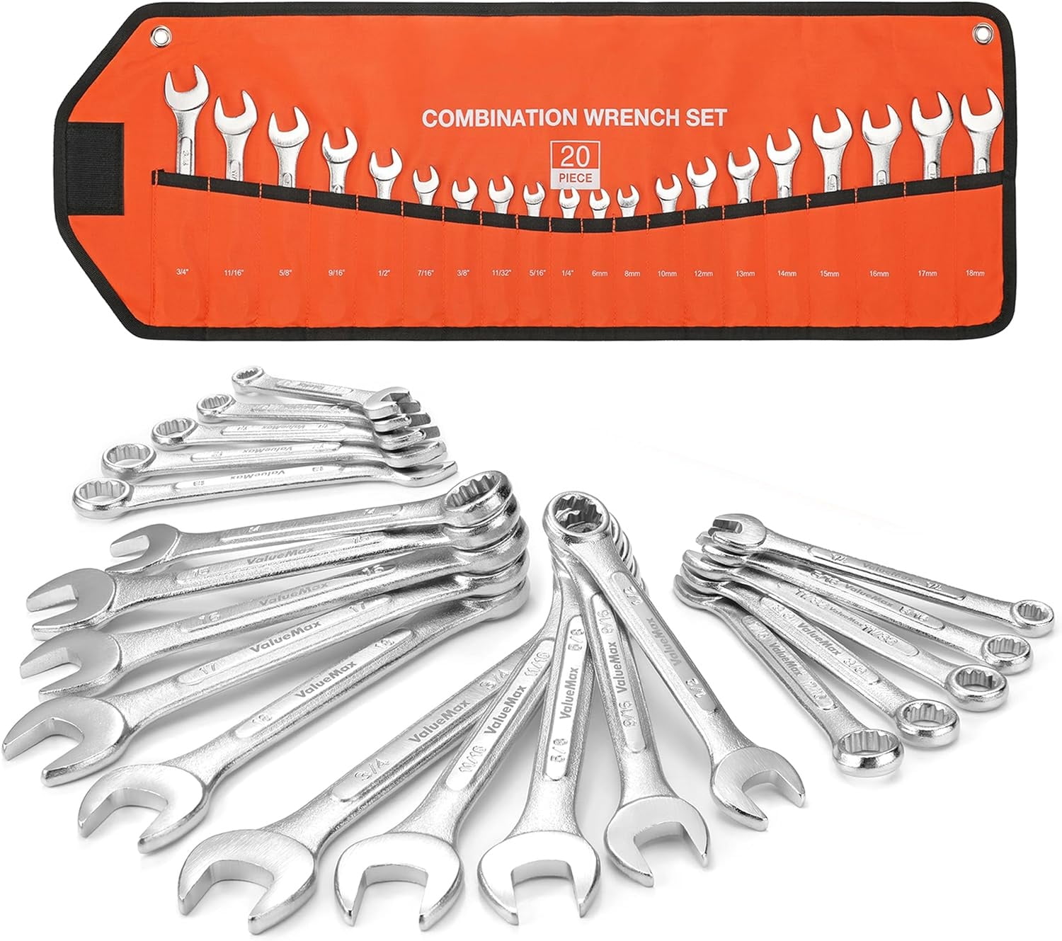 Mechanics Wrench Set Metric and Standard, 20PCS Complete Combination Wrenches Roll Set. SAE 1/4 ...