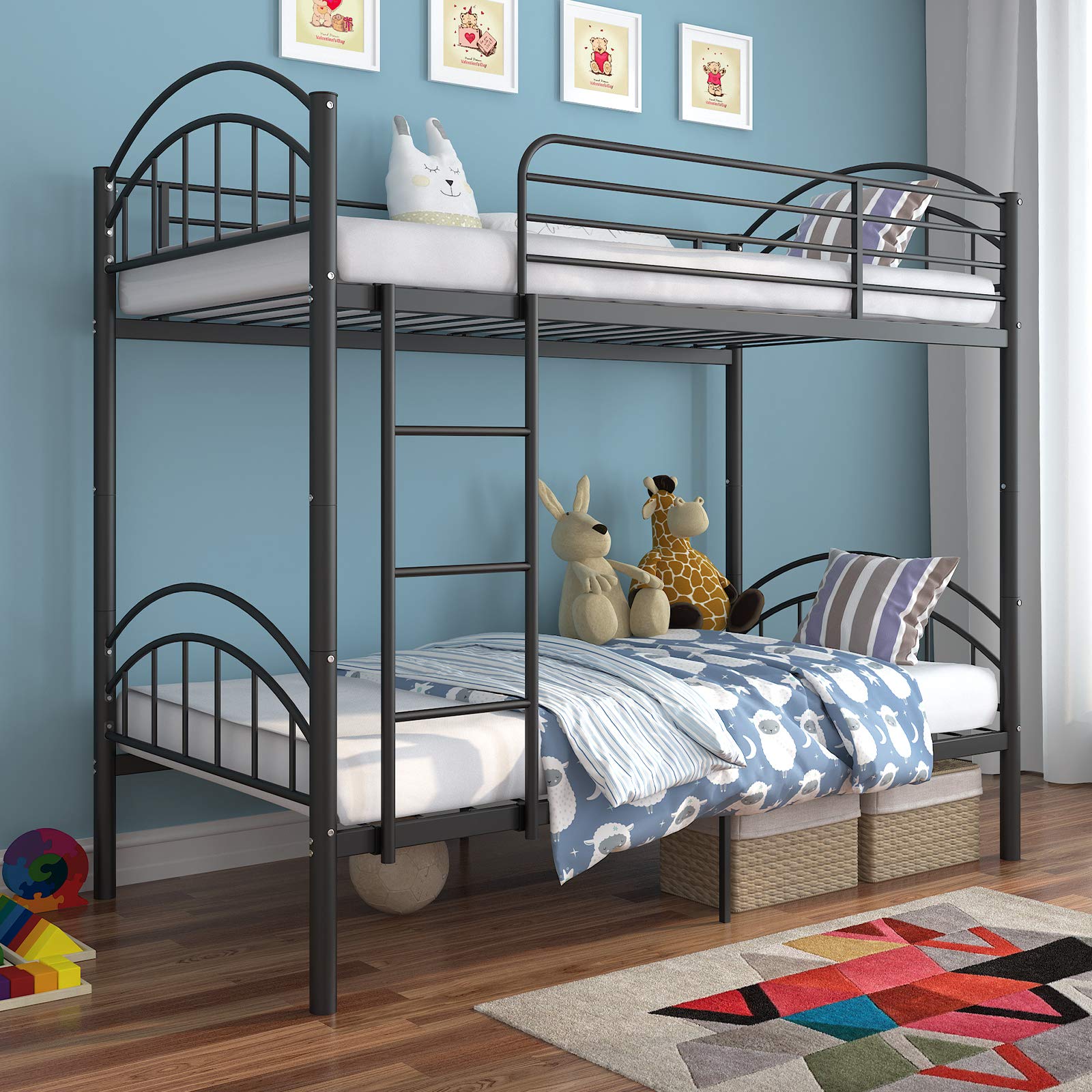 Gymax Twin Over Twin Bunk Bed Frame Platform W/Guard Rails & Side ...