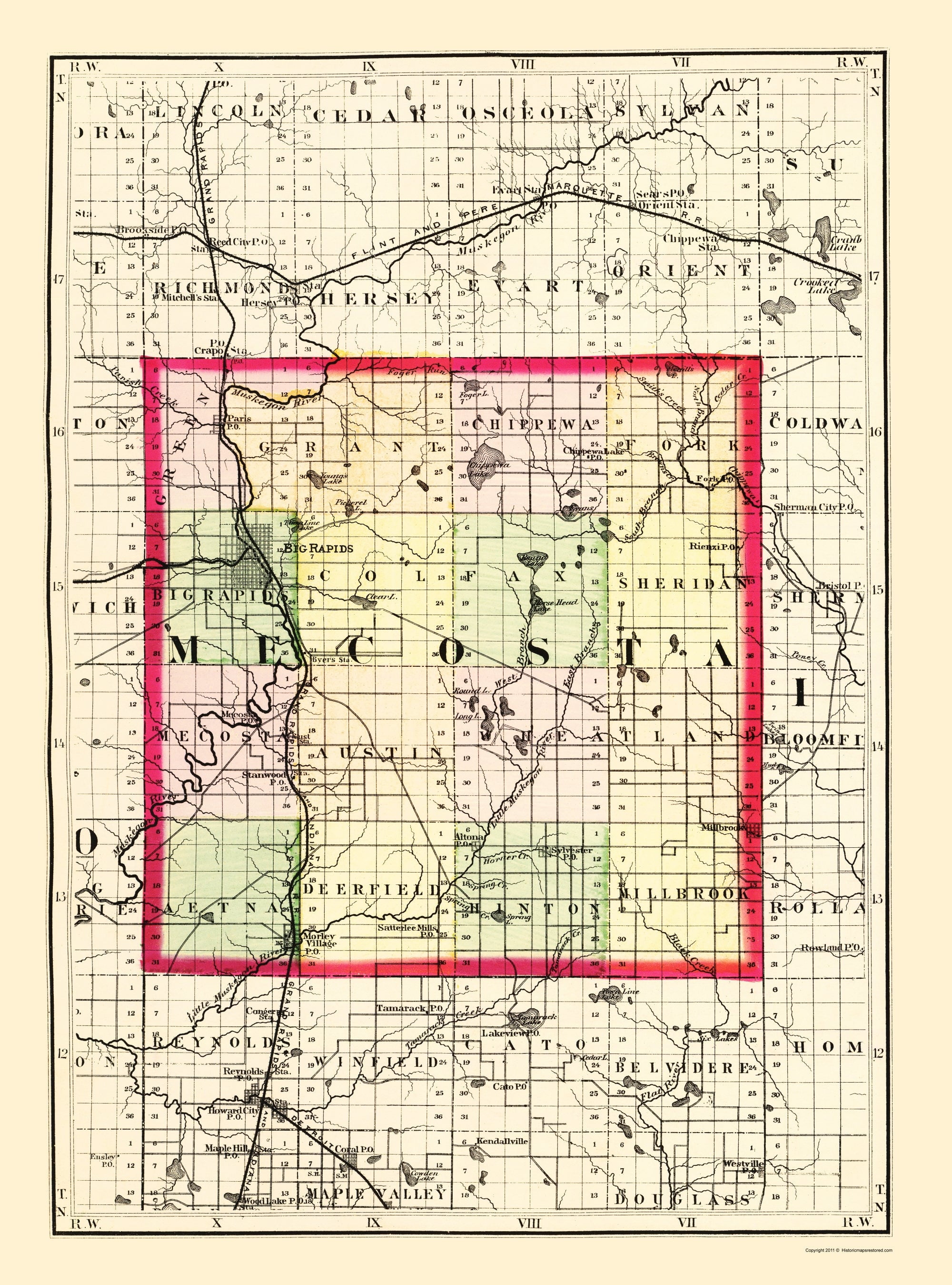 Historic County Map - Mecosta County Michigan - Walling 1873 - 23 x 31. ...