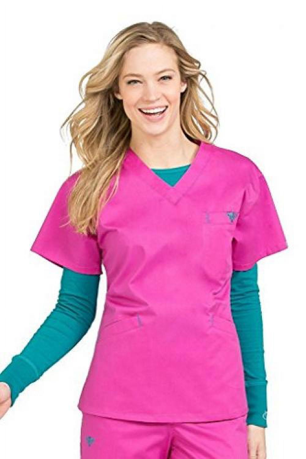 Med Couture Women's Signature V-Neck Scrub Top, Lotus Pink/Deep Sea, XS ...