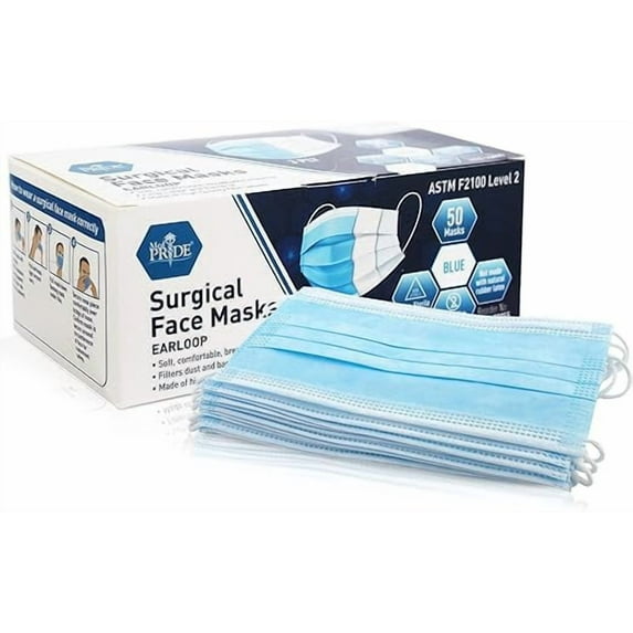 Med Pride Face Masks, 3-Ply Disposable Blue Face Mask, 50 Pack, Medical ...