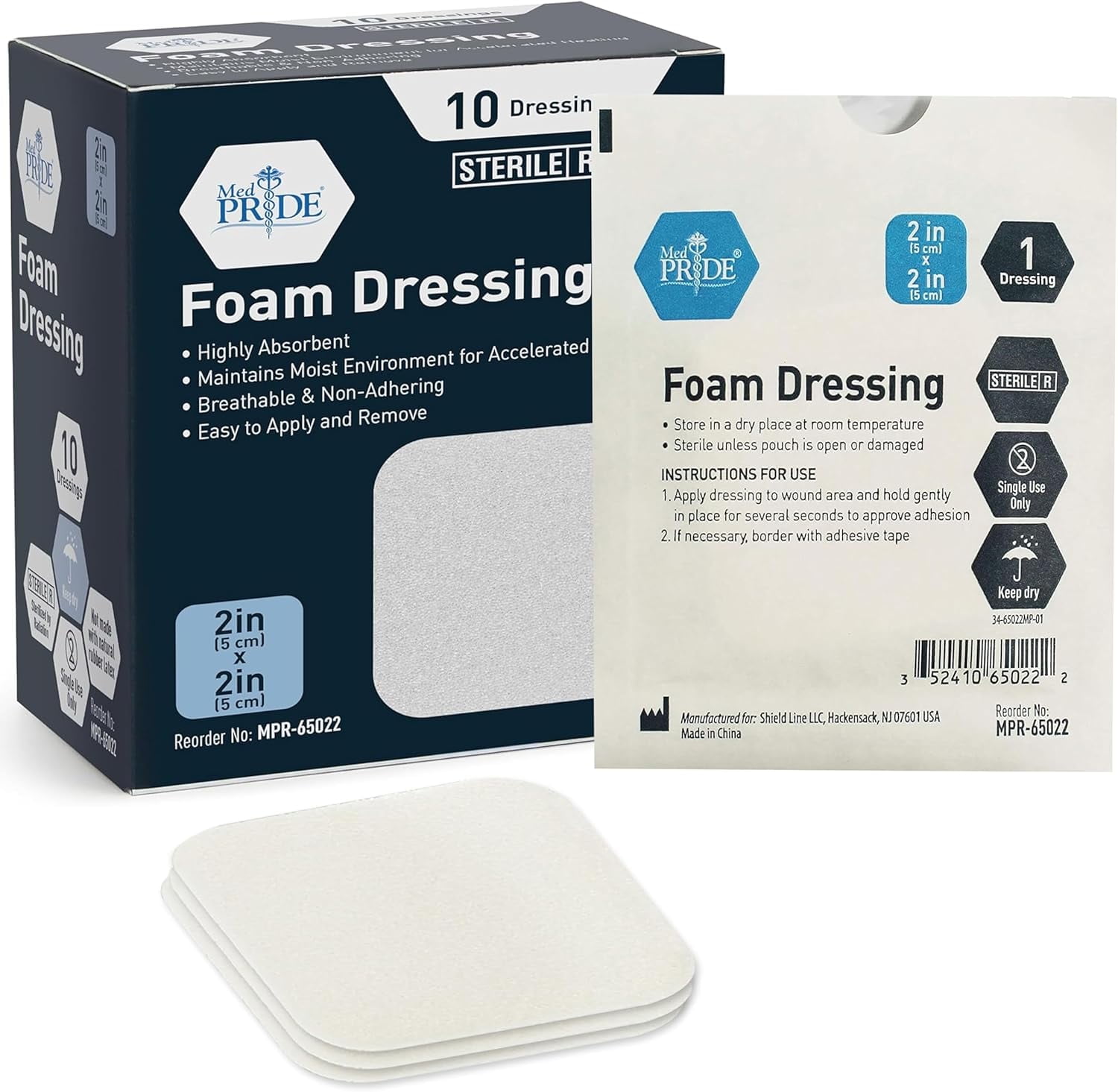 Med Pride Sterile Non Adhesive Foam Bandages for Wounds 2x2 Inch, 10 ...