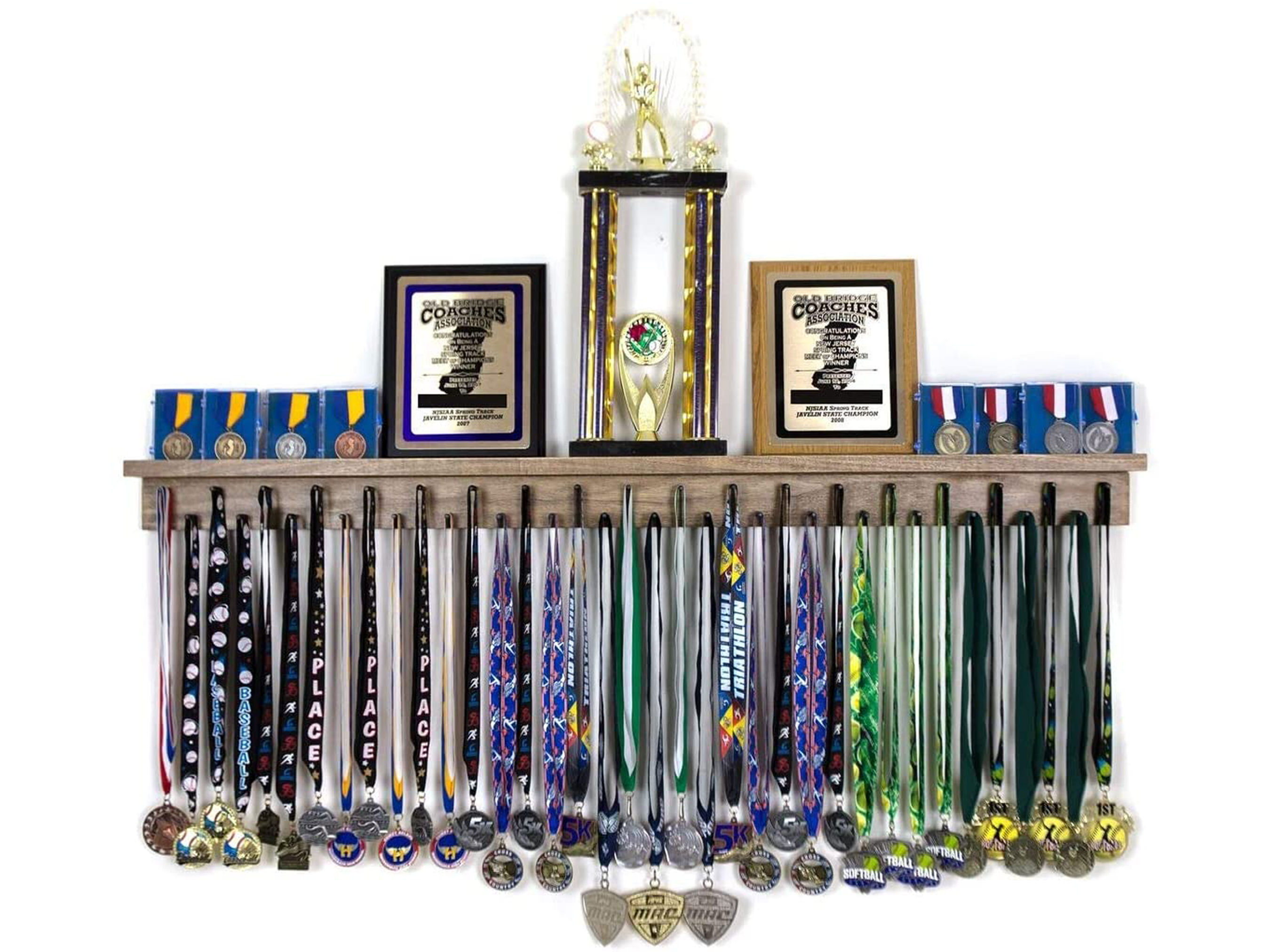 Medal Awards Rack Trophy Shelf and Award Display Rack (36" Walnut ...