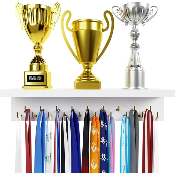 Medal Hanger Display and Trophy Shelf with Hooks - Wooden Medal Holder ...