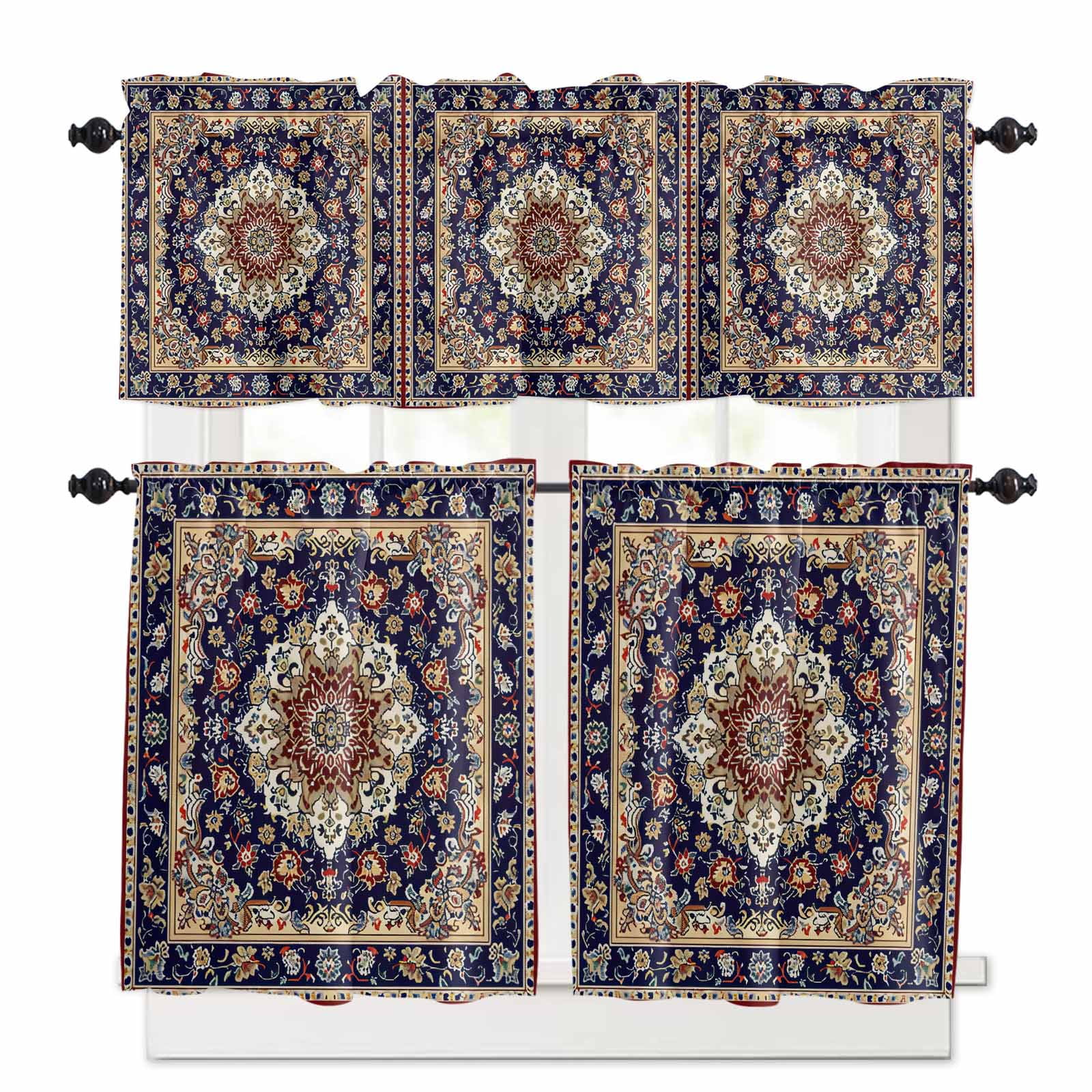 Medallion Oriental Kitchen Curtains Set for Windows 3 Pieces,24 Inch ...
