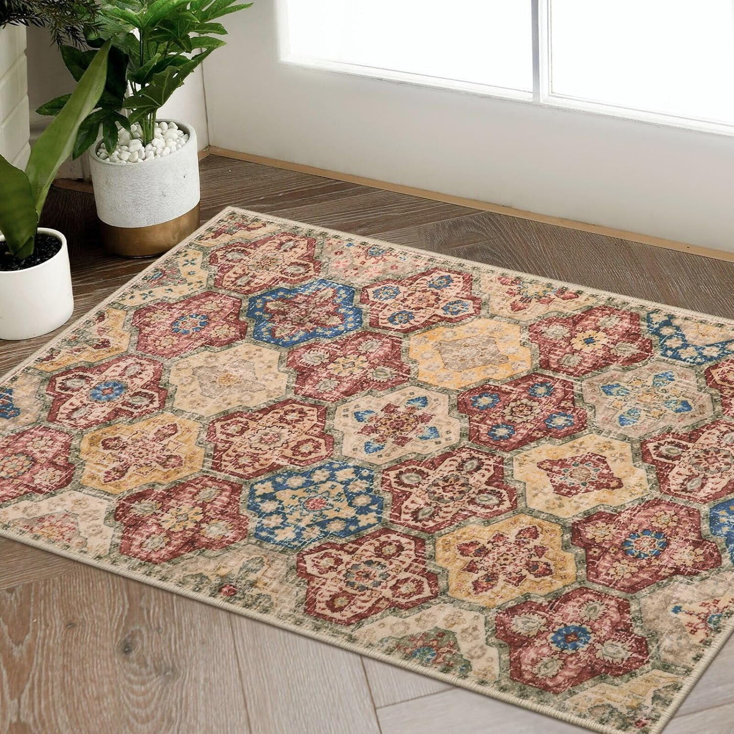 Medallion Throw Entryway Rugs Indoor, 2x3 Red Washable Kitchen Rugs Non ...
