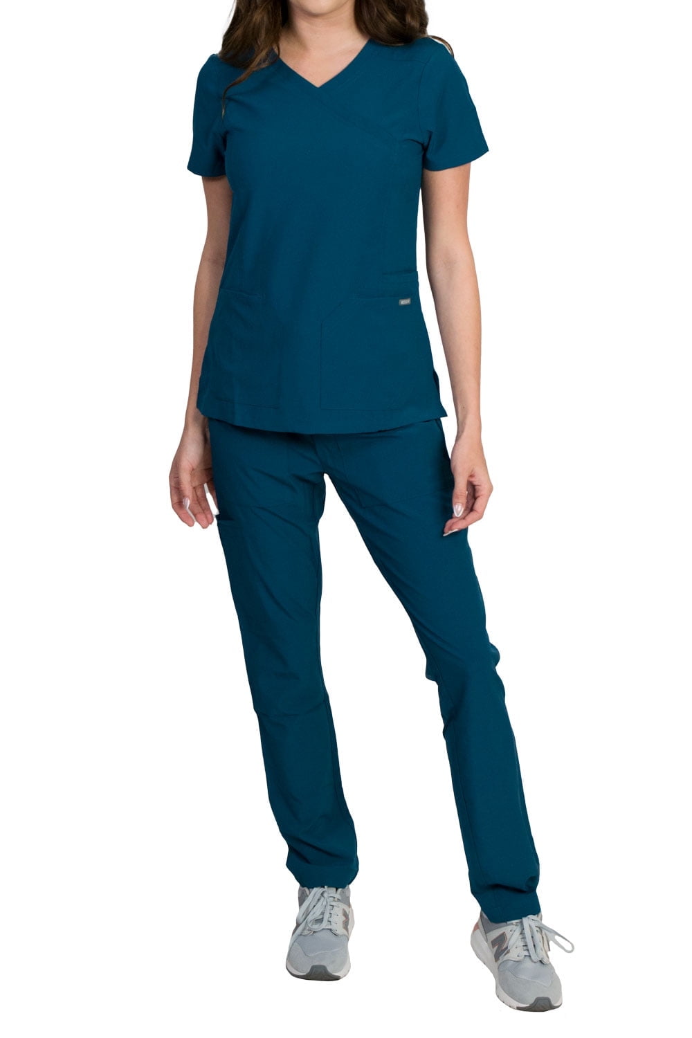 Medgear Celeste Women's Stretch Scrubs Set with Cross Over Neckline Top ...