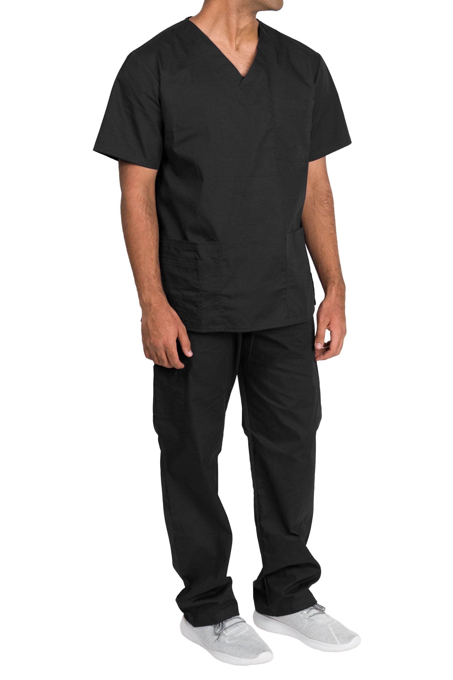 Medgear Scrubs Set, Black, 5X-Large, V-Neck Top with 4 Pockets, Elastic ...