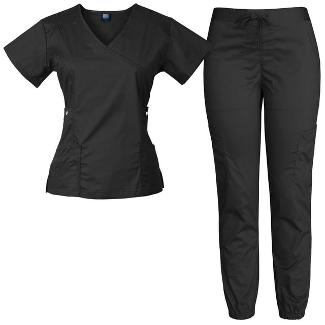 Medgear Womens Medical 12 Pocket Stretch Jogger Scrub Set Black M