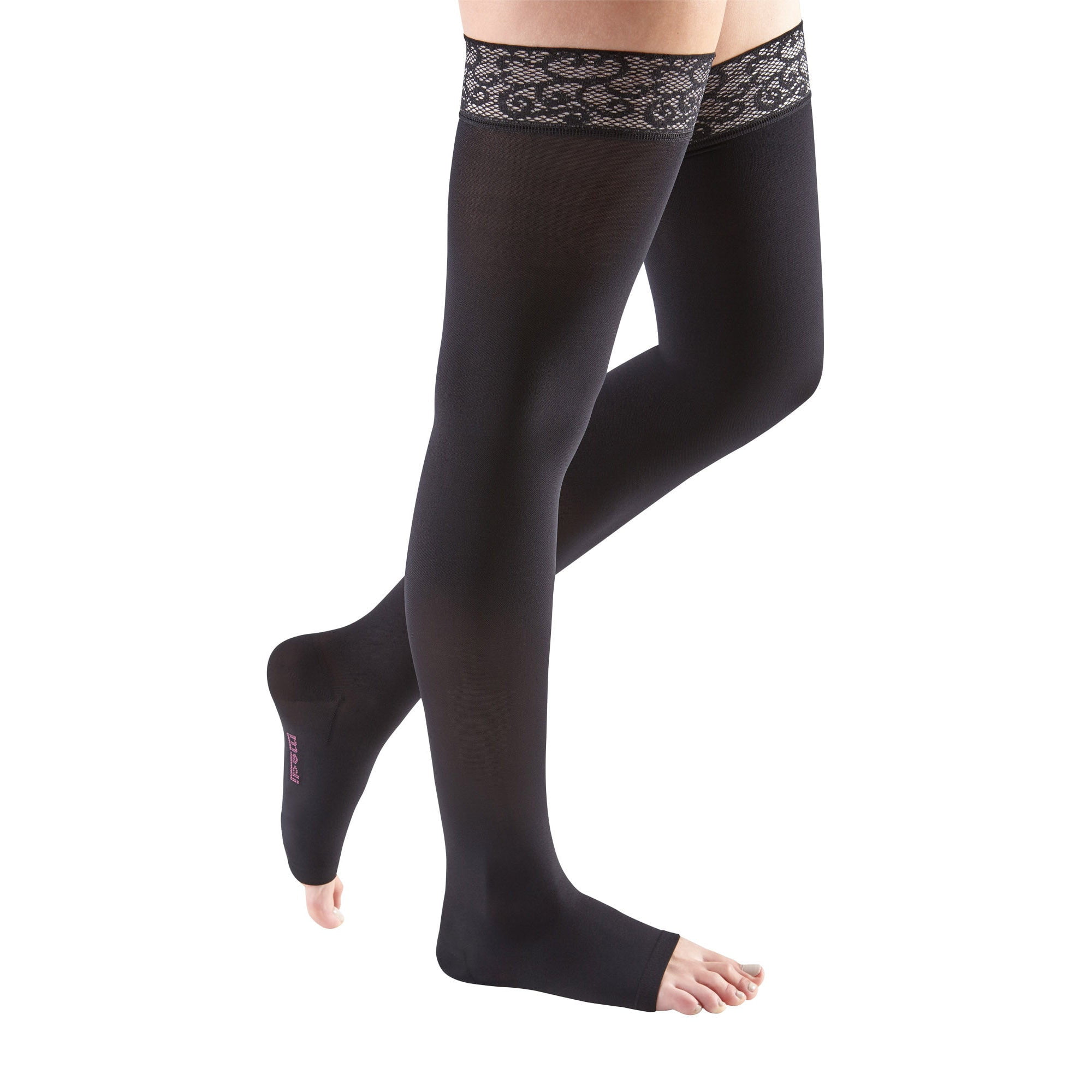 Medi Comfort Open Toe Thigh Highs w/ Lace Band - 30-40 mmHg Ebony I Reg ...