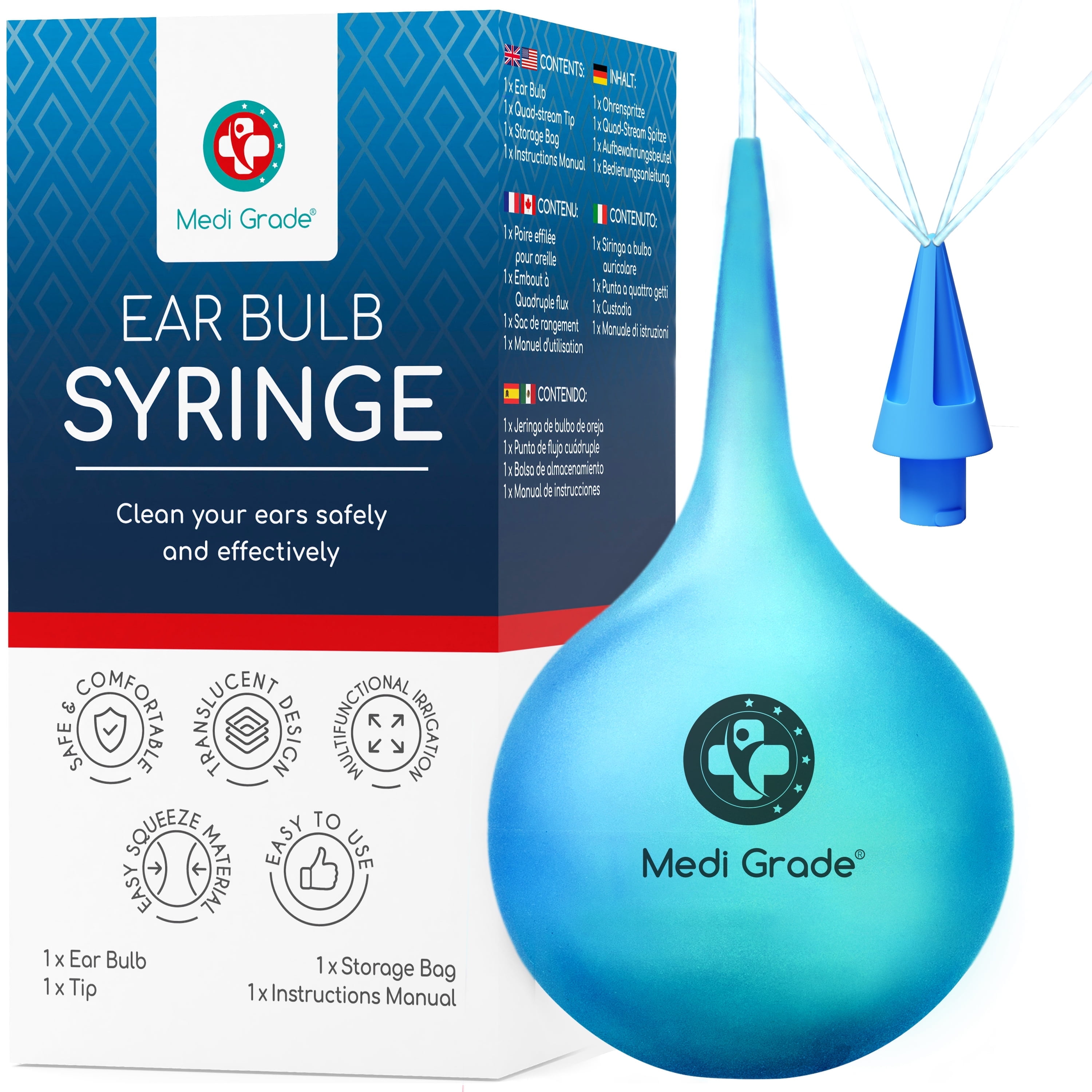 Medi Grade Ear Bulb Syringe, 2.54 fl oz, Quad-Stream Tip, Ear Wax ...