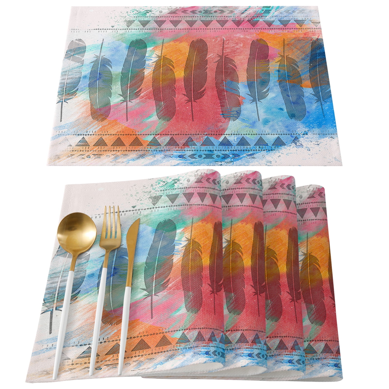 Medi-eval Feather, Placemats Set of 6, Bohemia Abstract Shabby Chic Art ...