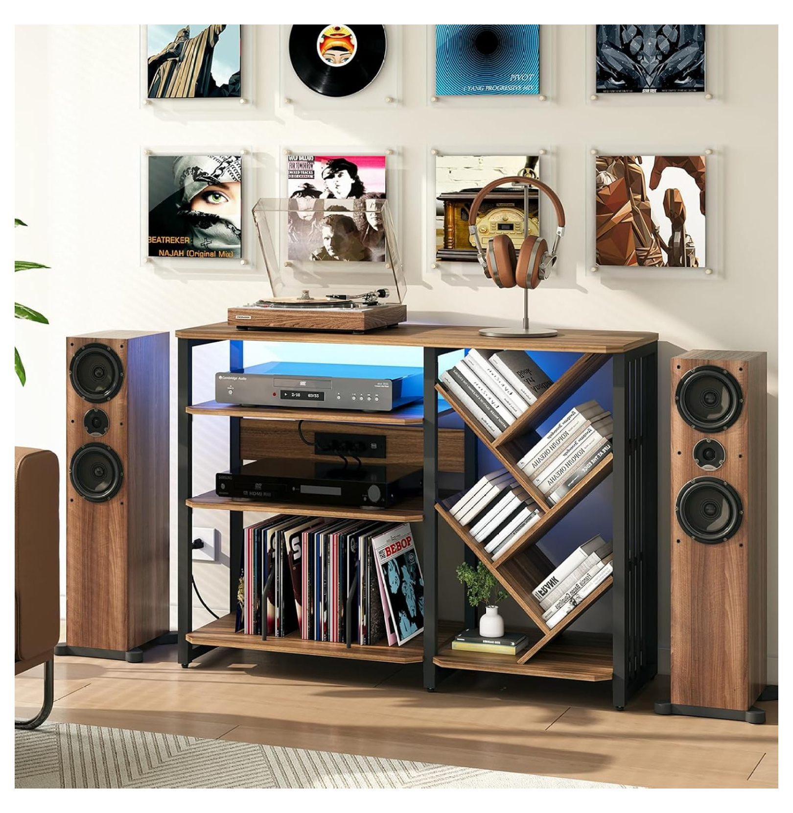 Media Console with Charging Station,Audio Rack with LED Lighting,4 Tier ...