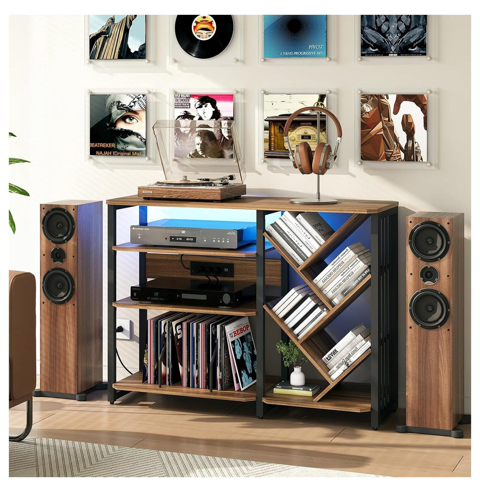 Media Console with Charging Station,Audio Rack with LED Lighting,4 Tier ...