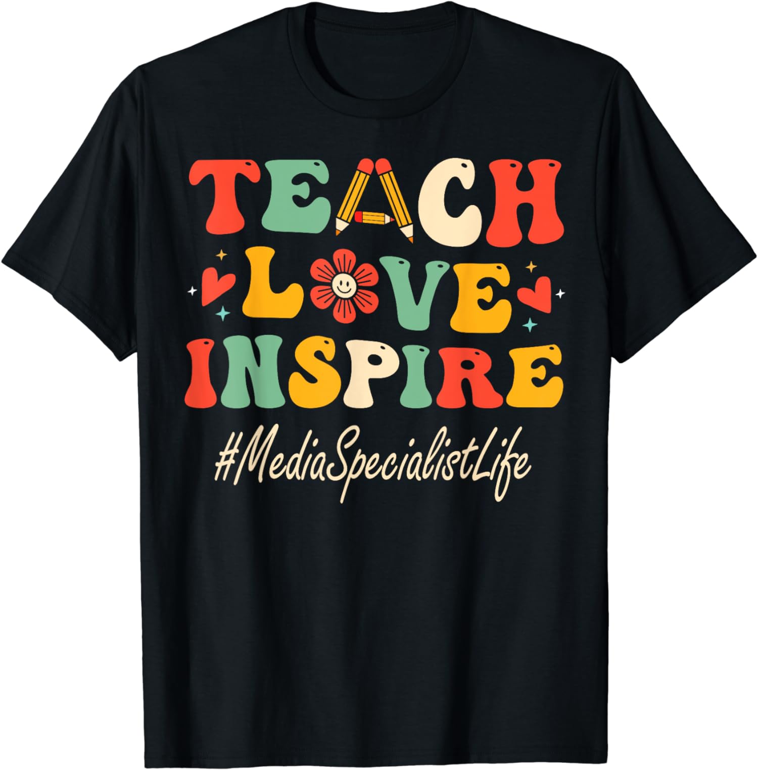 Media Specialist Teach Love Inspire Groovy Bach to School T-Shirt ...