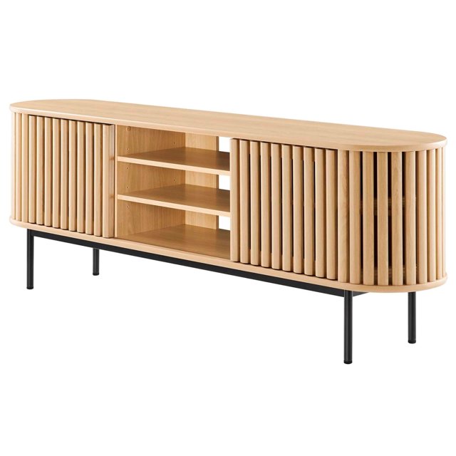 Media TV Stand Console Table, Brown Oak, Wood, Metal Steel, Oval ...