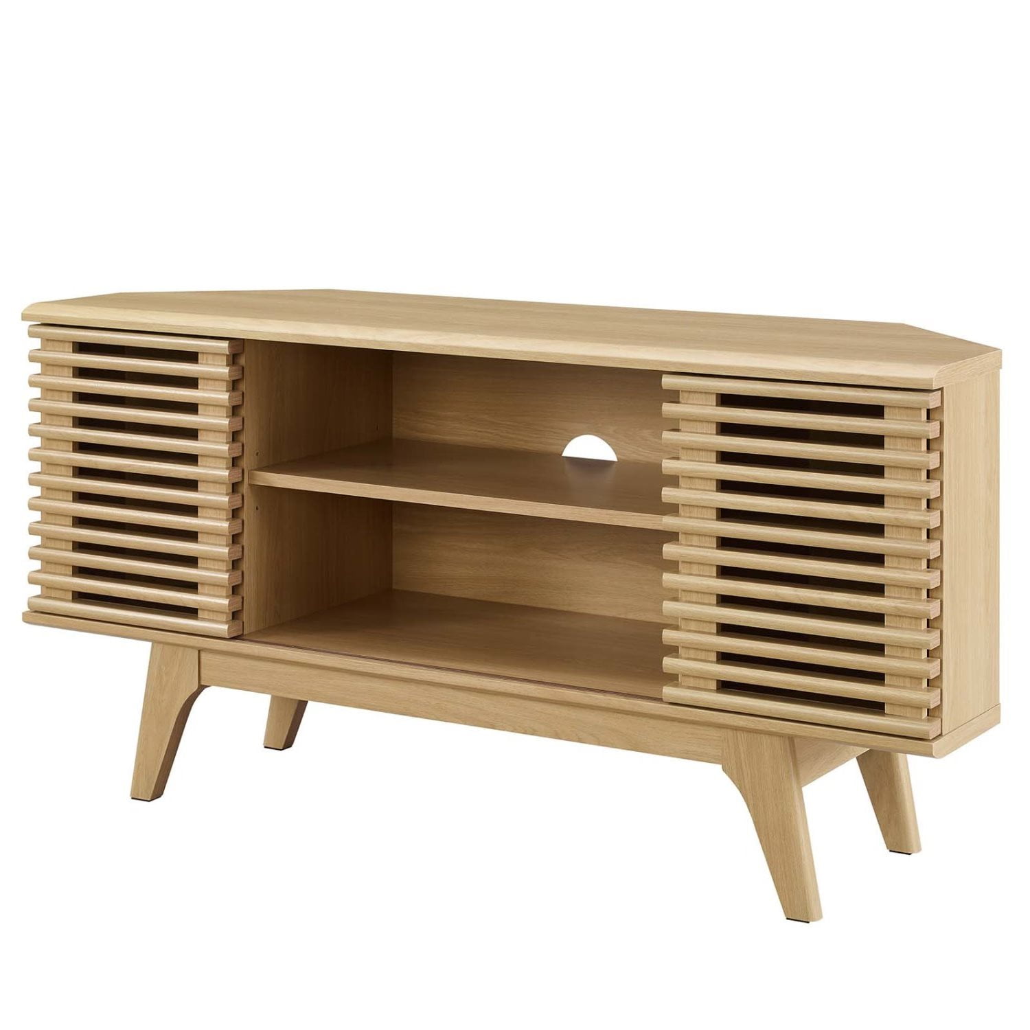 Media TV Stand Console Table, Brown Oak, Wood, Mid Century Living Room ...