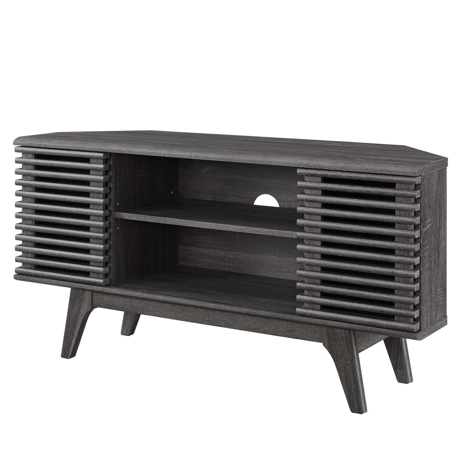 Media TV Stand Console Table, Dark Grey Gray, Wood, Mid Century Living ...