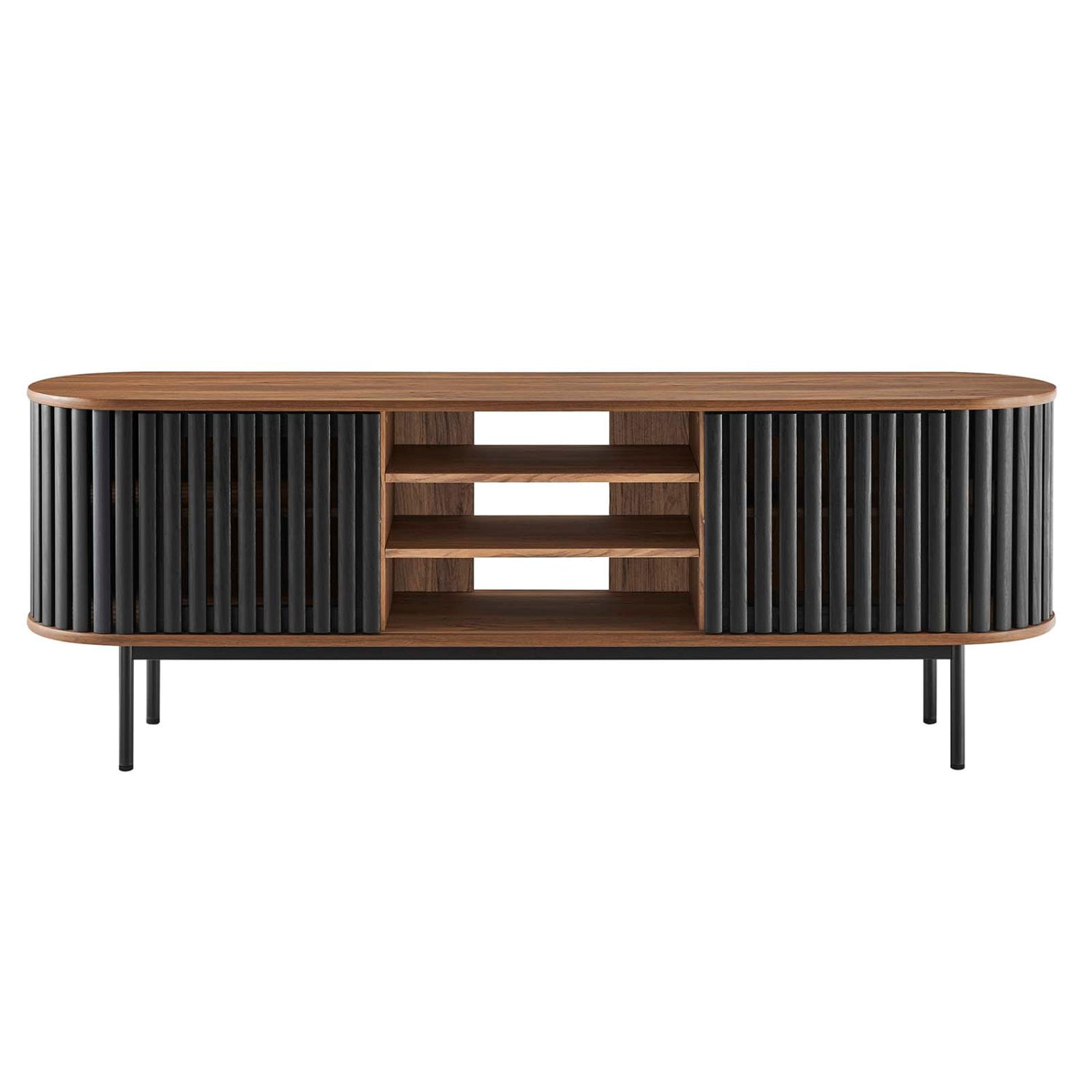 Media TV Stand Console Table, Walnut Black, Wood, Metal Steel, Oval ...