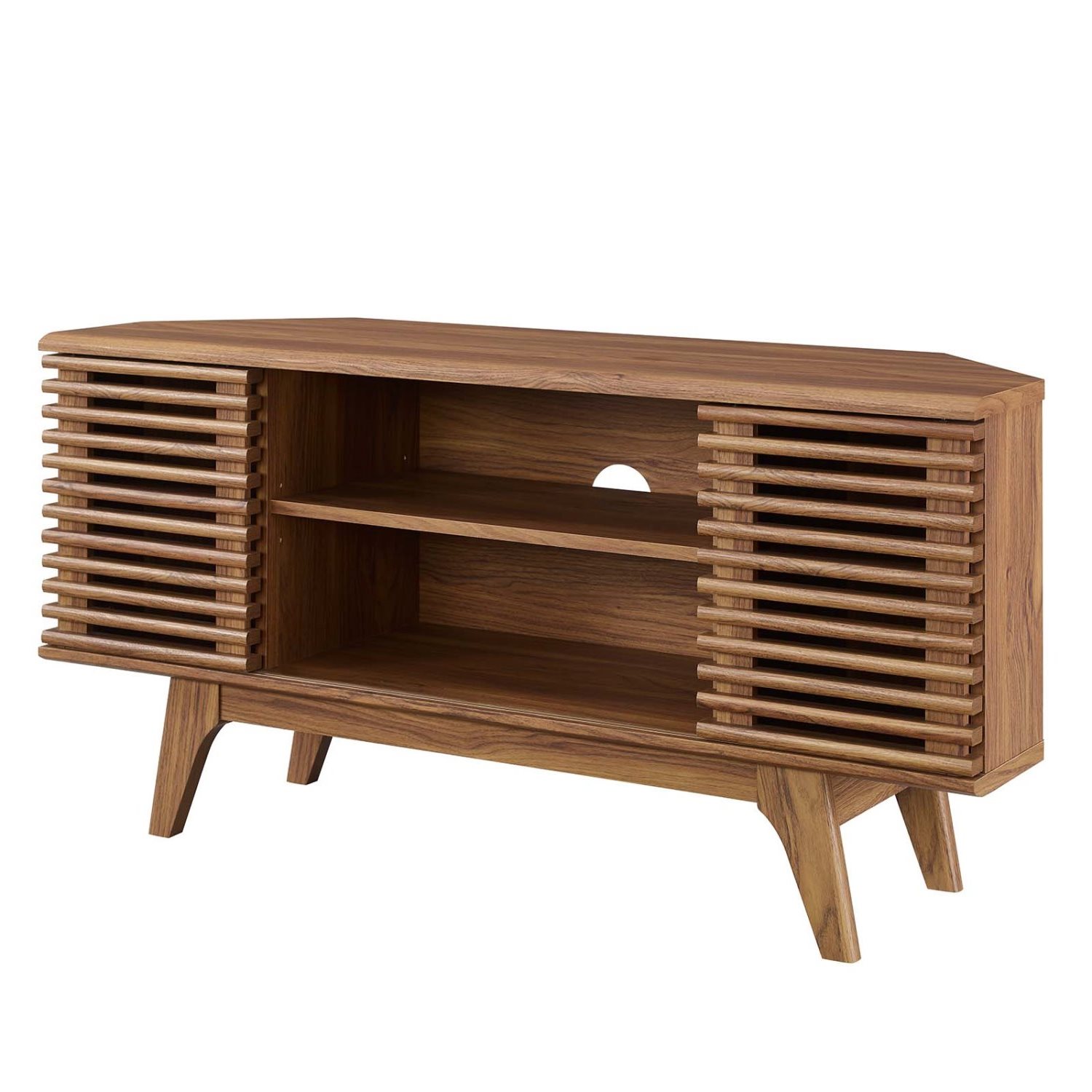 Media TV Stand Console Table, Walnut, Wood, Mid Century Living Room ...