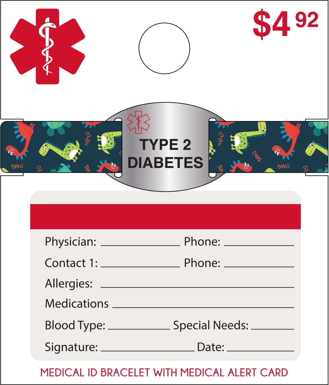 Medic Id Brac-type 2 Diabetes Dinosaur - Walmart.com