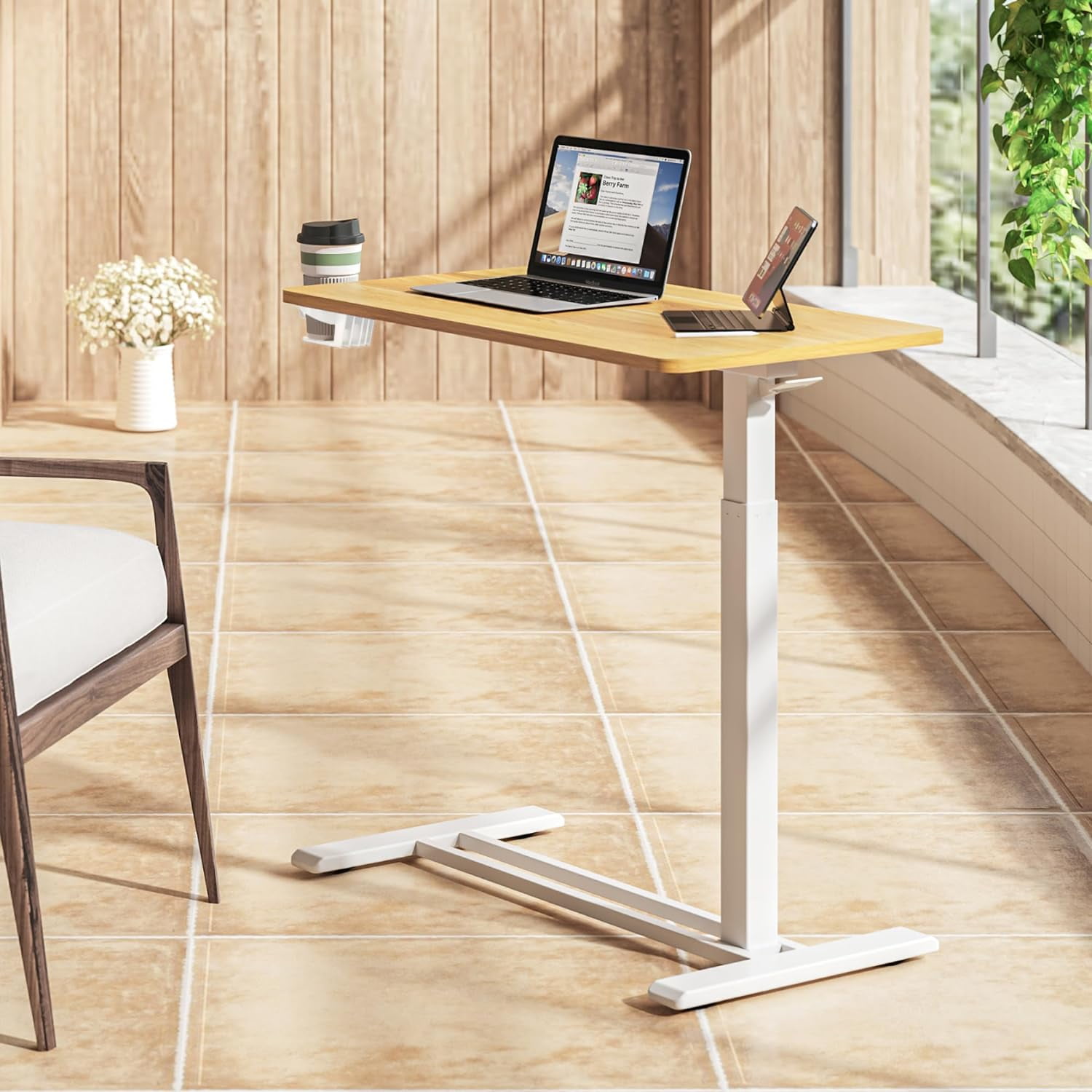 Medical Adjustable Overbed Bedside Table with Hidden Casters, Pneumatic ...