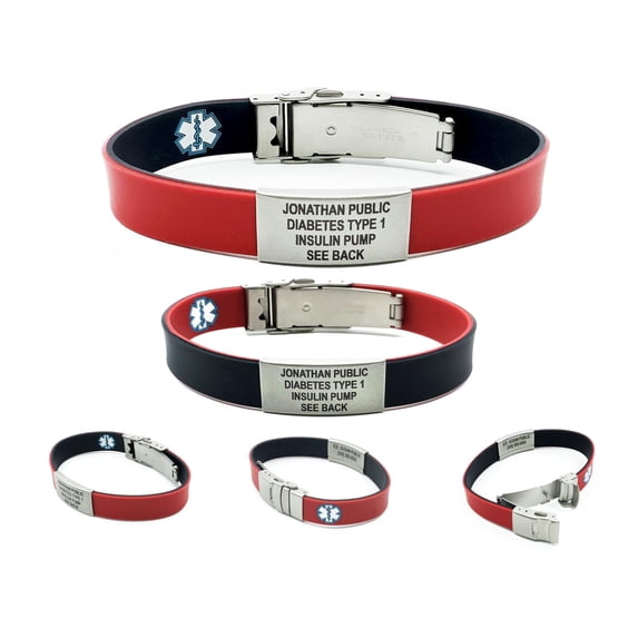 Medical Alert Bracelet Black Or Red Reversible Sport Slim Free Laser ...