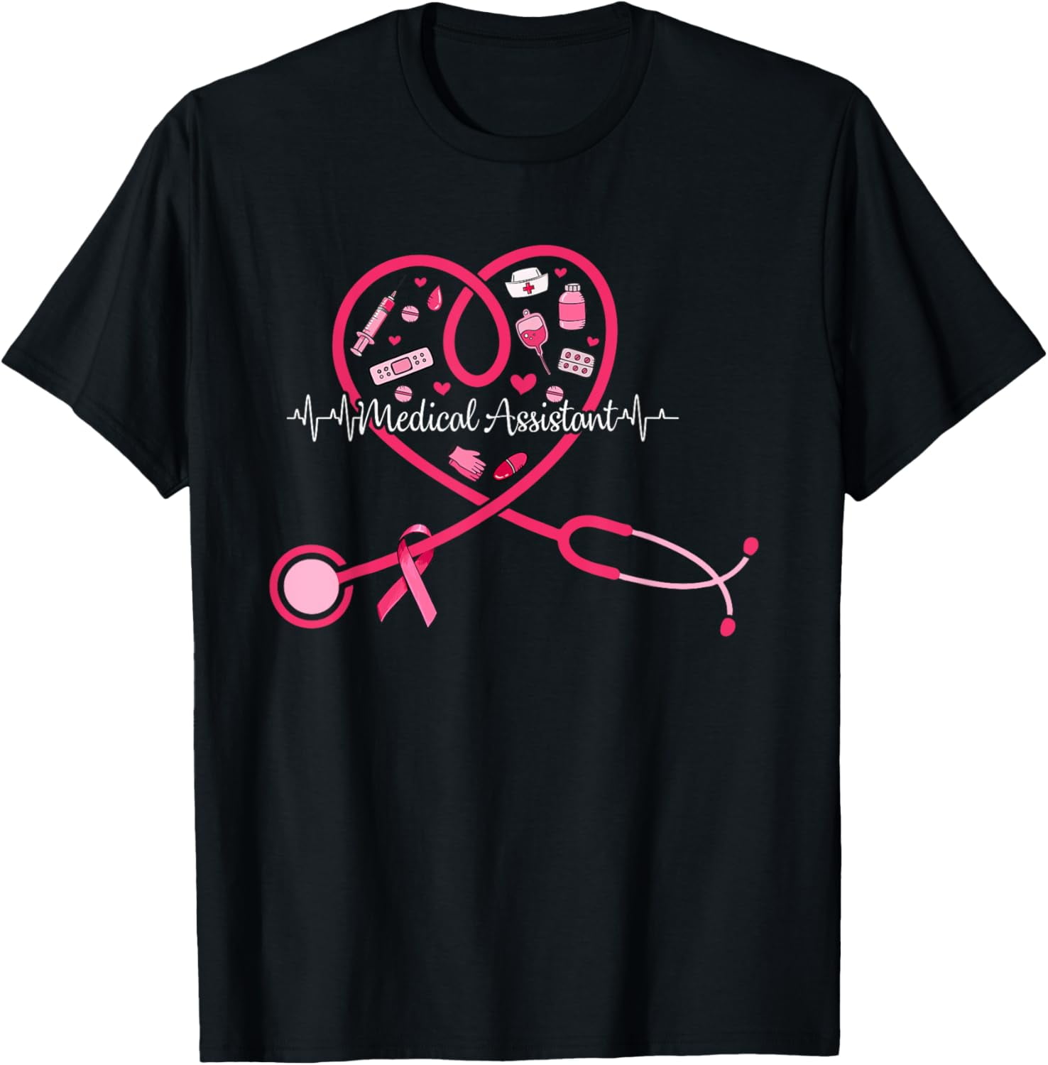Medical Assistant Pink Stethoscope Heart Pink Breast Cancer T-Shirt ...
