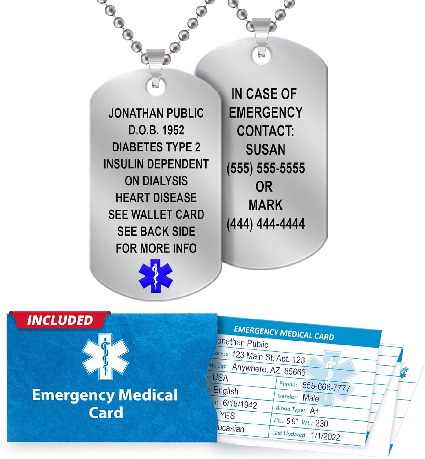 Stainless Steel Medical ID Dog Tags with 27” Chain, 18 Lines Laser ...
