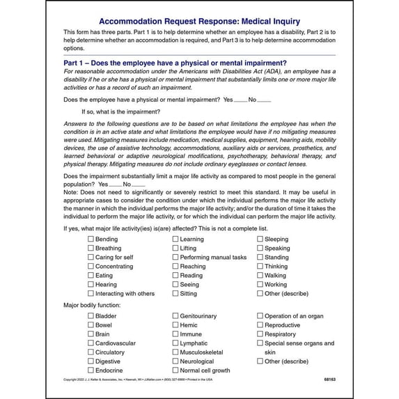 Medical Inquiry Request for Disability Accommodations, 8.5 x 11, 75 ...