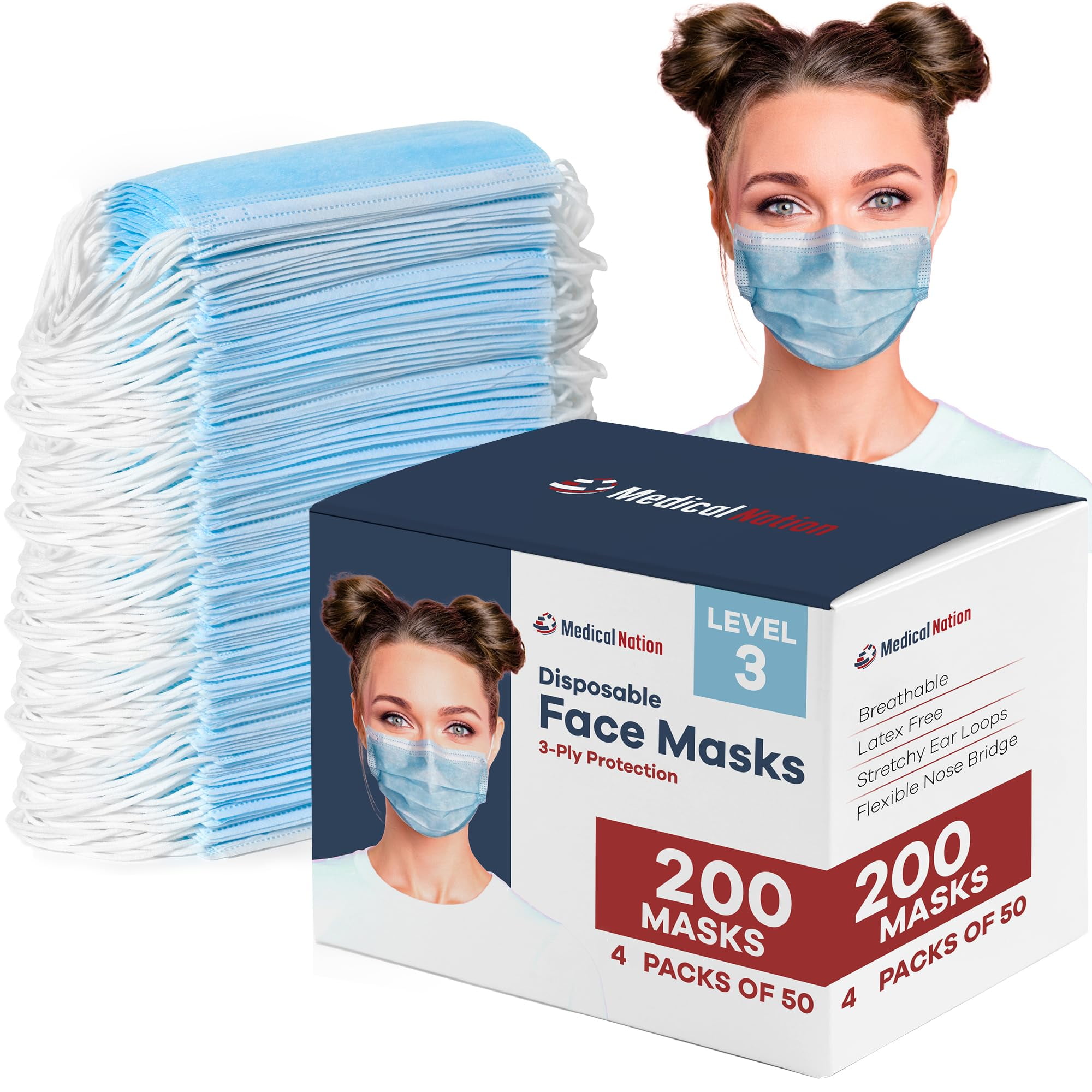 Medical Nation 200 Pack Blue Disposable Face Masks - Level 3 | Bulk 3 ...