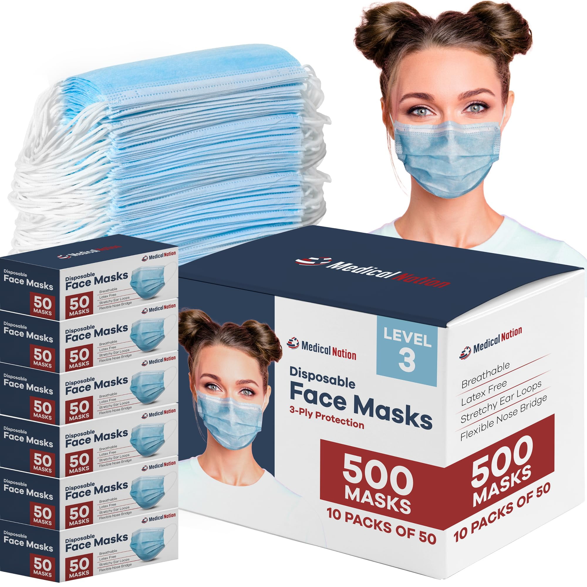 Medical Nation 500 Pcs Blue Disposable Face Masks - Level 3 | Bulk 3 ...