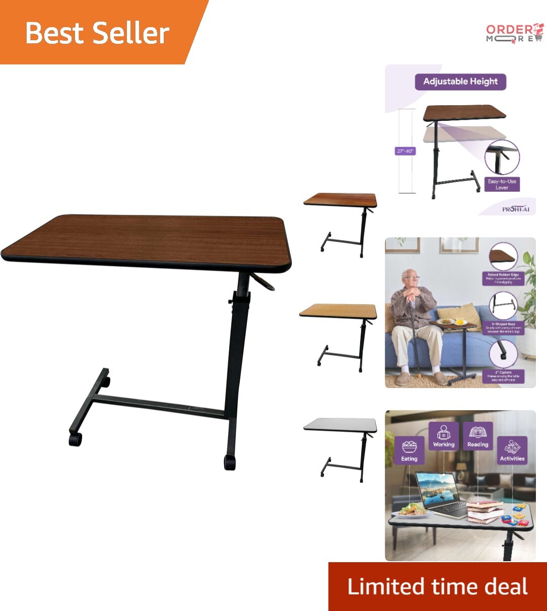 Medical Overbed Table Mahogany 30"x15" Adjustable Height Rolling ...