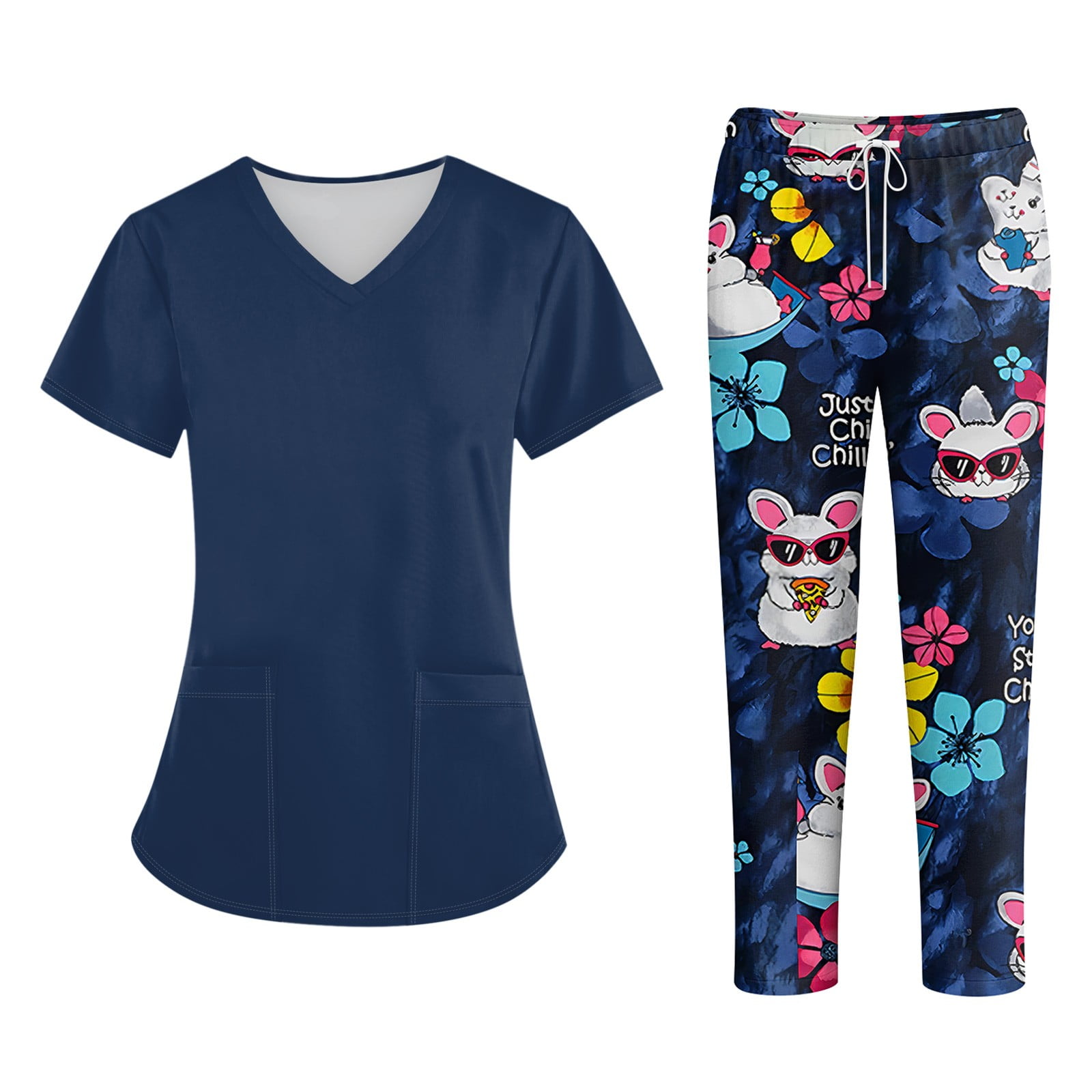 Medical Scrubs,Scrub Sets For Woman Short Sleeve Animal Flower Printed ...