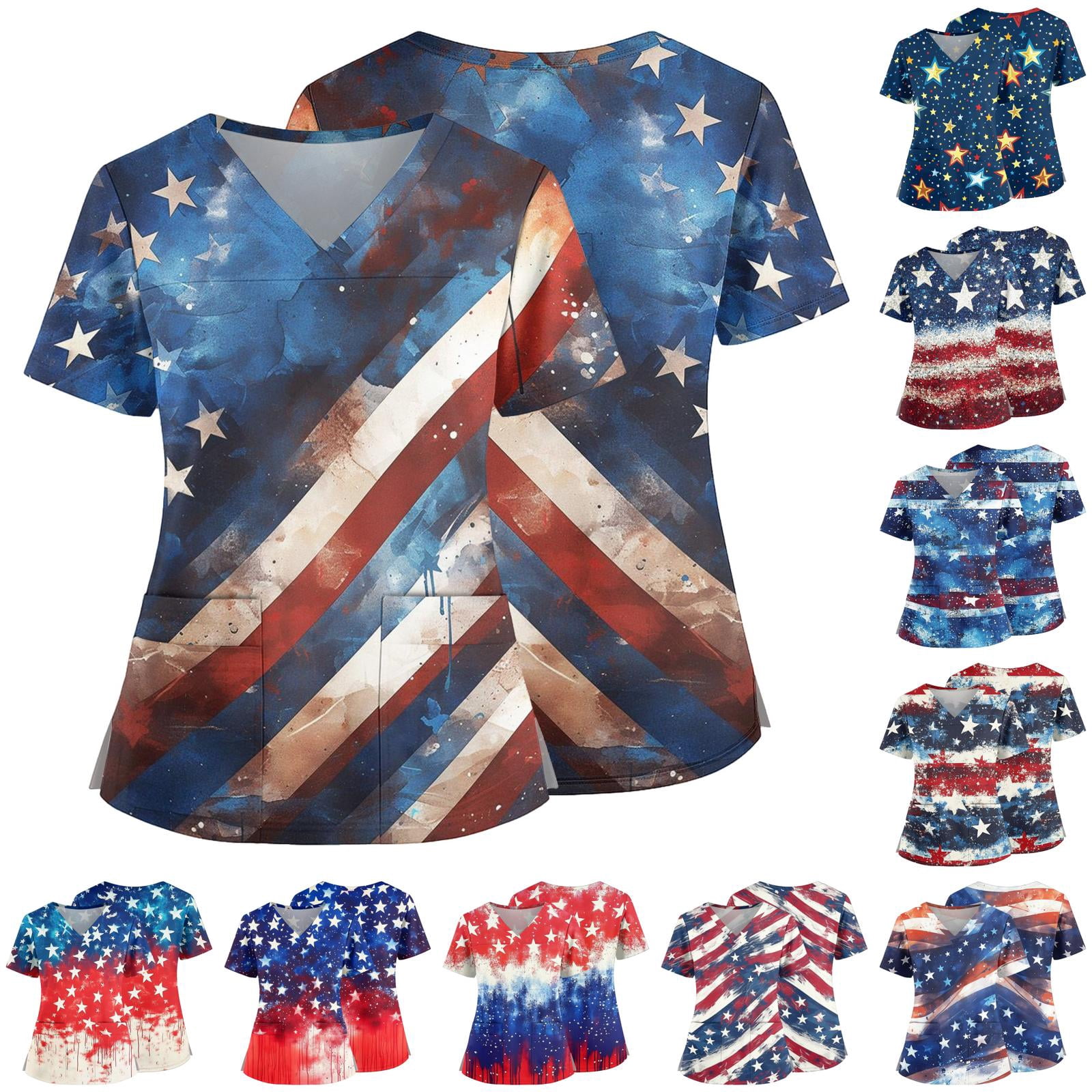 Medical Scrubs Top Women - USA 250th Anniversary Flag Graphic V-Neck ...