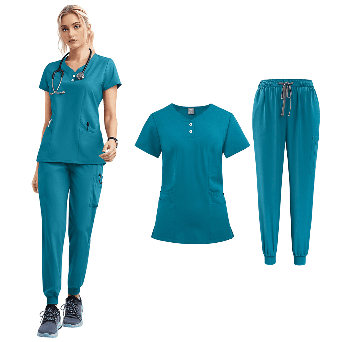 Medical Scrubs Uniform Set Unisex Doctor Nurse Workwear with Button for ...