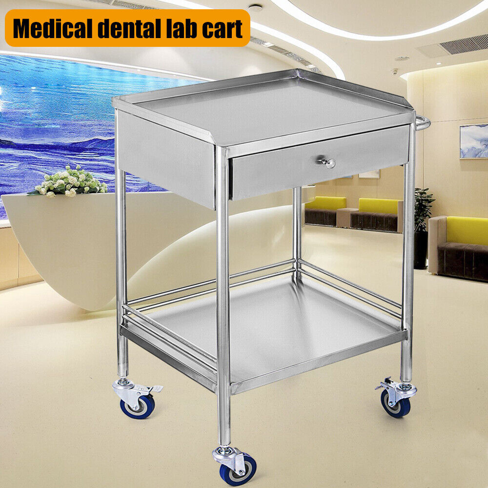 Medical Trolley Mobile Rolling Serving Cart W/ 2 Tiers 1 Drawer For ...