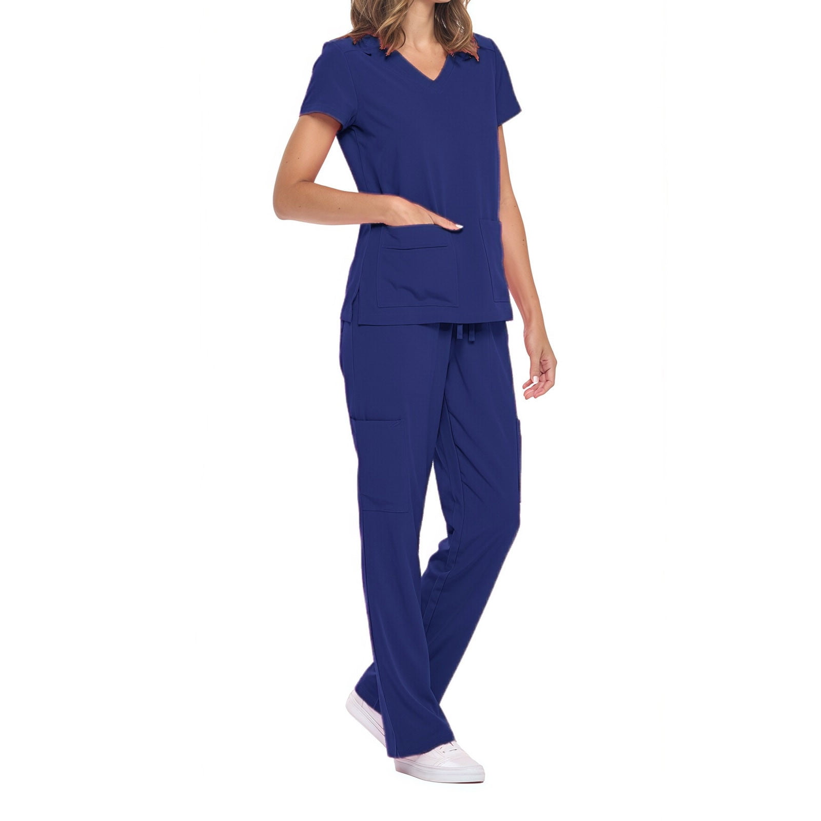 Medical V-Neck Uniform Women's Scrubs Set Stretch Soft Contrast Pocket ...