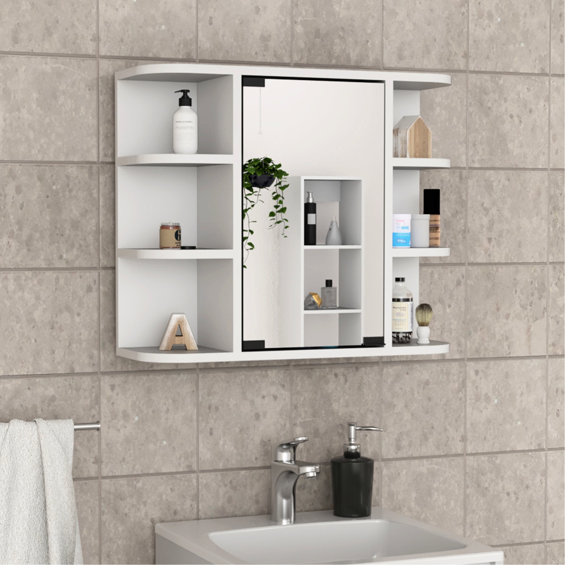 Medicine Cabinet with White Finish and Mirror | Three Shelves per Side ...